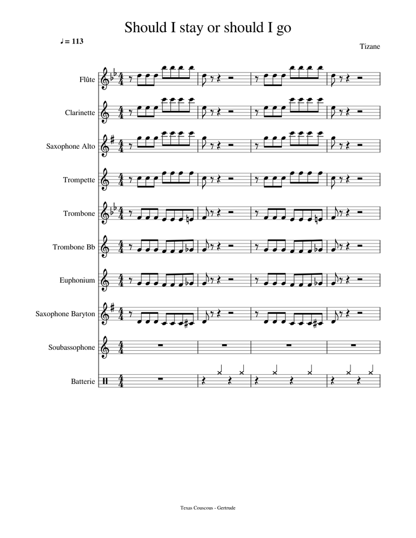 Should I stay or should I go Sheet Music for Trombone, Tuba, Flute ...
