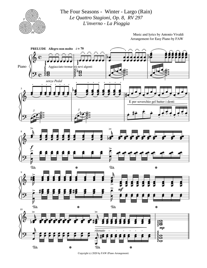 Vivaldi - Four Seasons - Winter - II. Largo - Easy Piano Sheet Music ...
