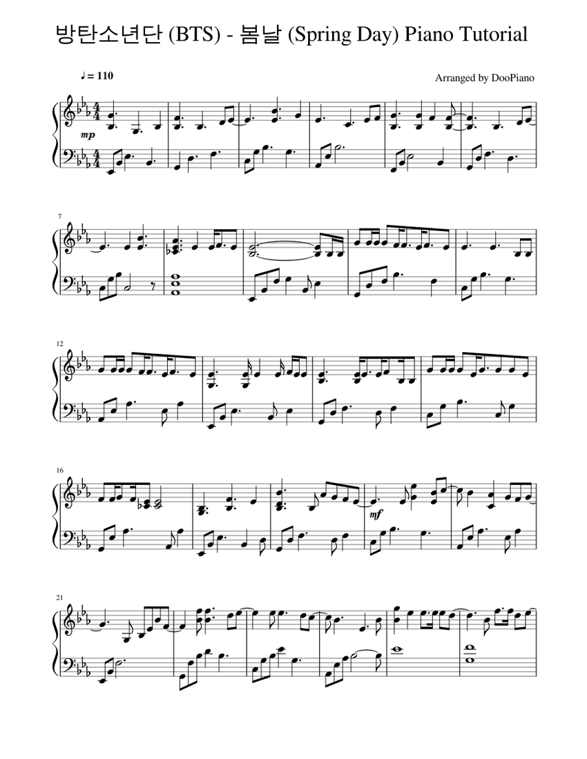 방탄소년단 (BTS) - 봄날 (Spring Day) Piano Tutorial Sheet Music for Piano ...