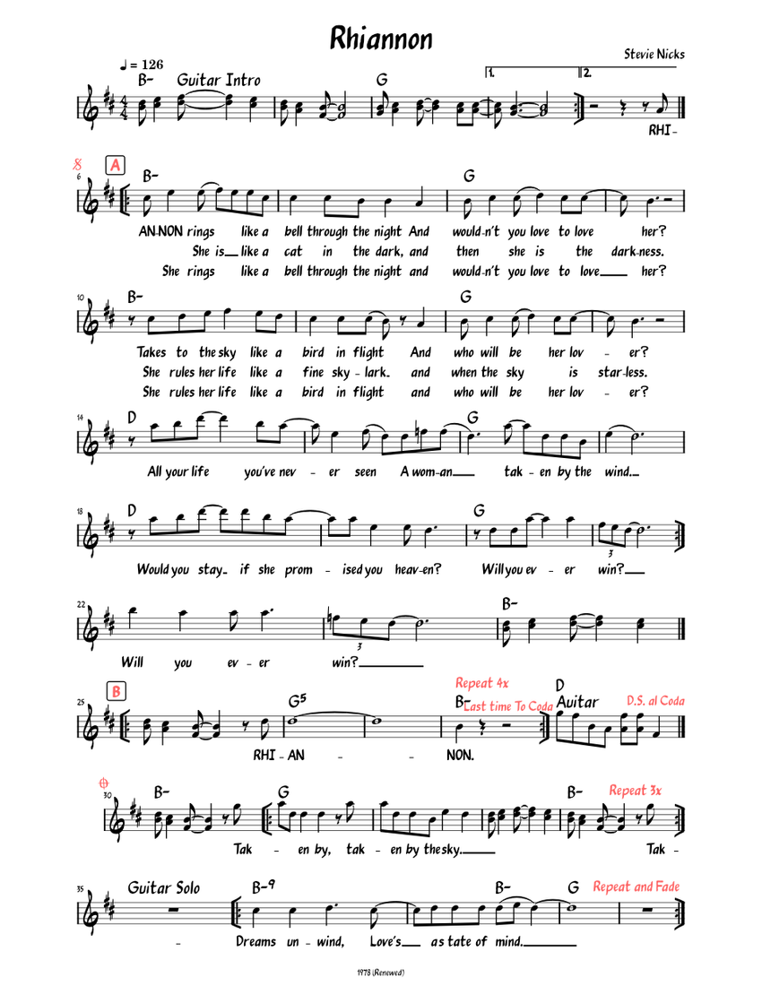 Rhiannon (Lead sheet with lyrics ) - piano tutorial