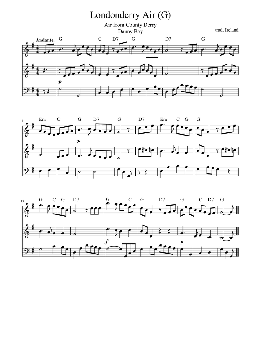 Traditional music - Londonderry Air (G) Sheet Music with Chords for ...