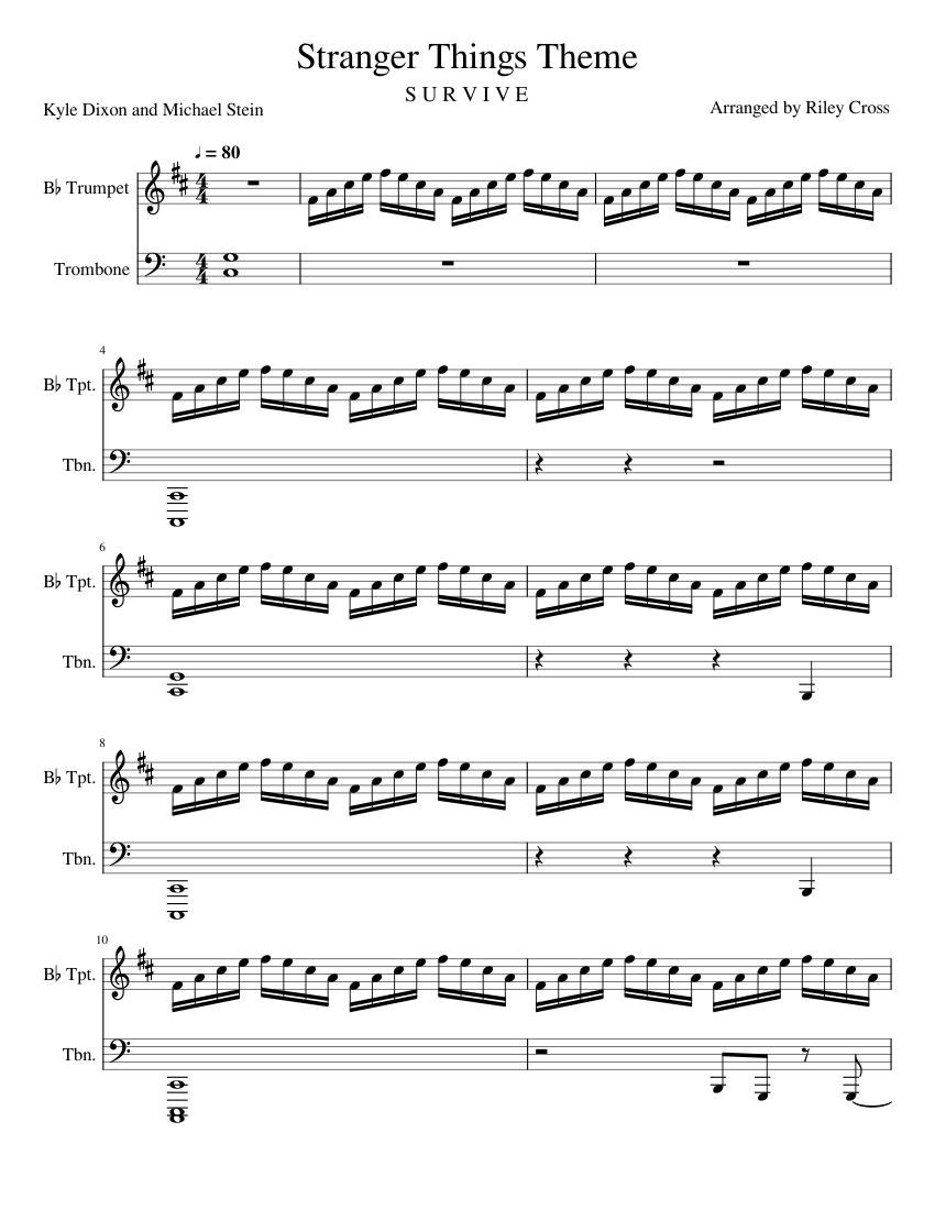 Stranger Things Theme Sheet Music for Trombone, Trumpet in b-flat ...