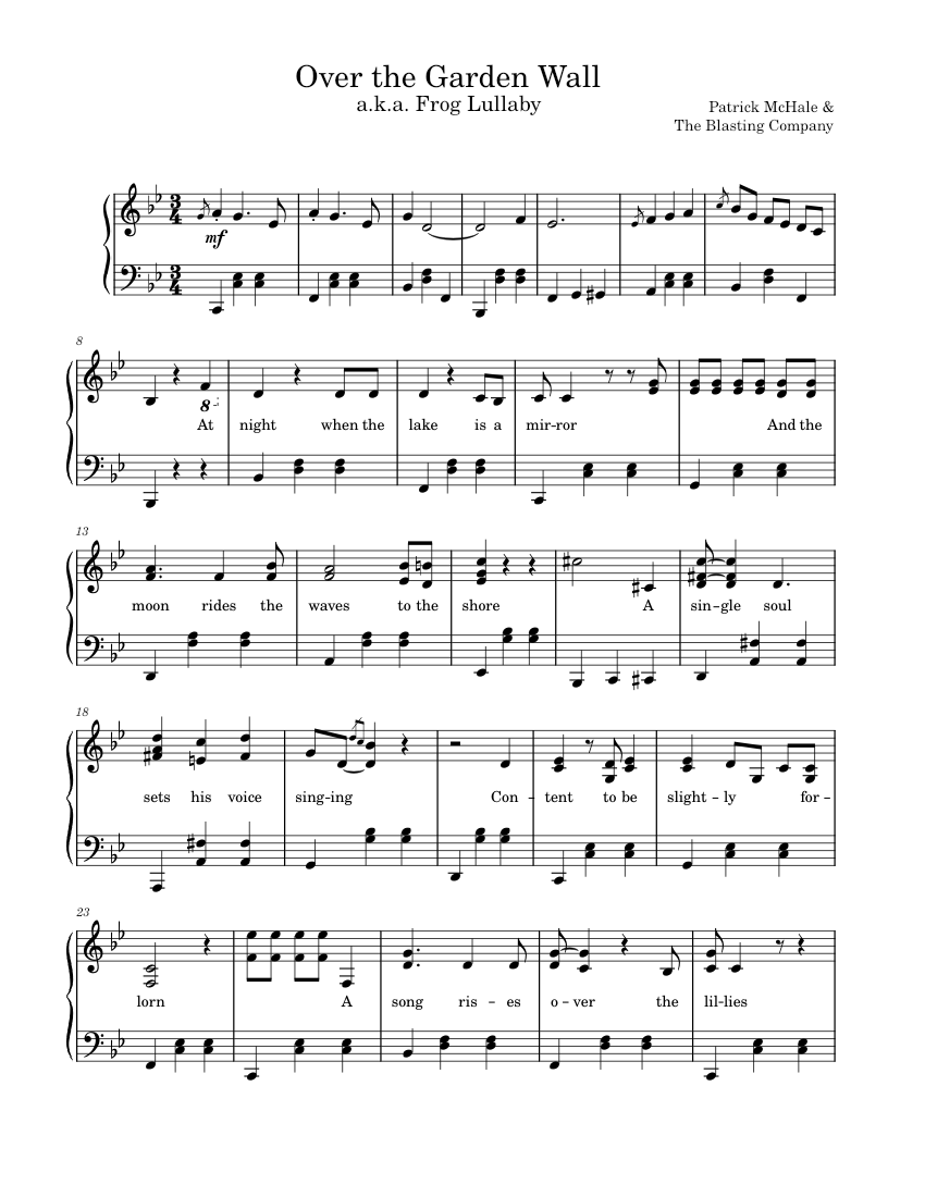 Over the Garden Wall (Frog Lullaby) – The Blasting Company Sheet Music ...