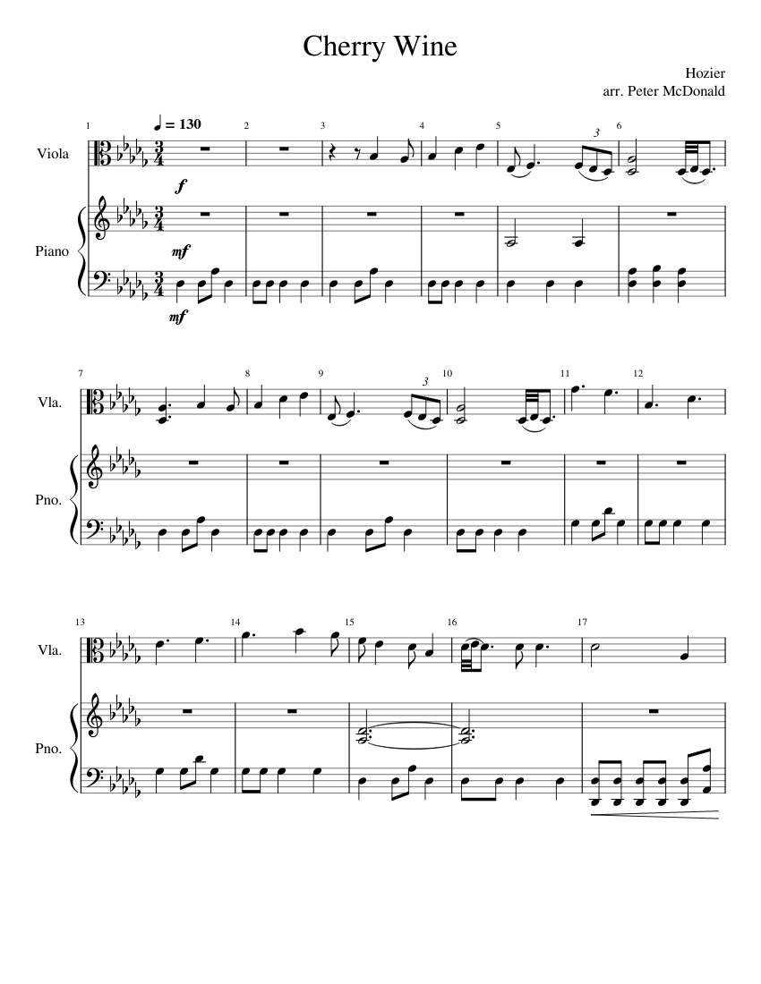 Cherry Wine - Hozier Sheet Music for Piano, Viola (Solo) | MuseScore.com