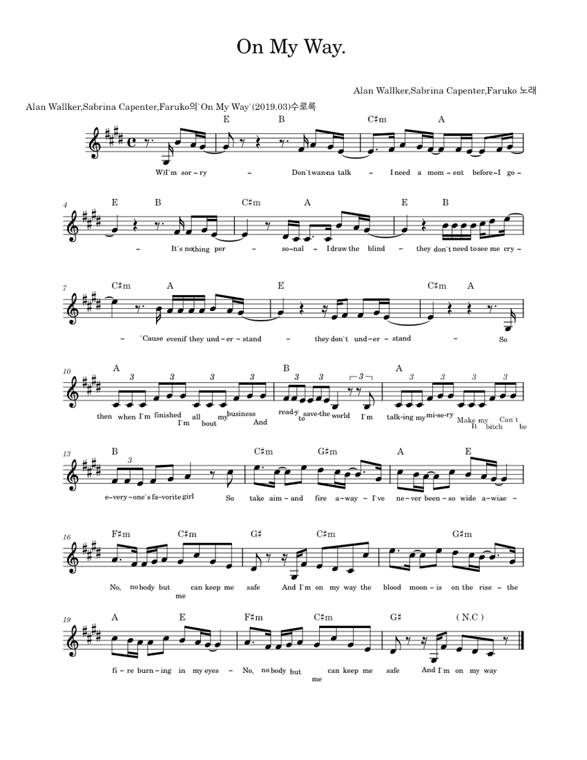 On my way – Alan Walker On My Way Sheet Music with Chords for Piano ...