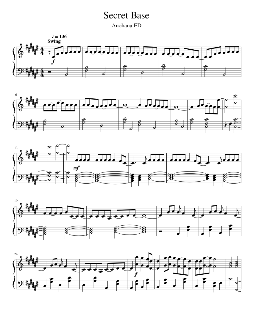 Anohana ED - Secret Base (TV Size) Sheet Music for Piano (Solo) Easy ...