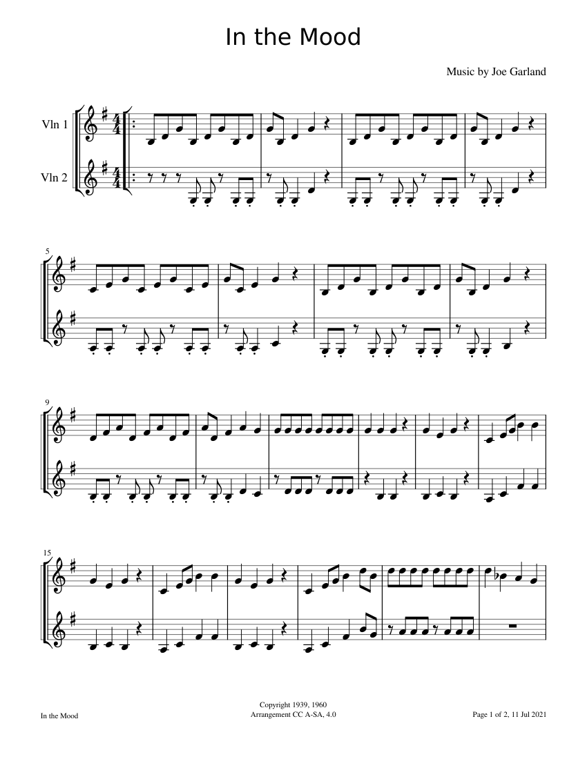 In the Mood – Glenn Miller Sheet Music for Violin (String Duet ...