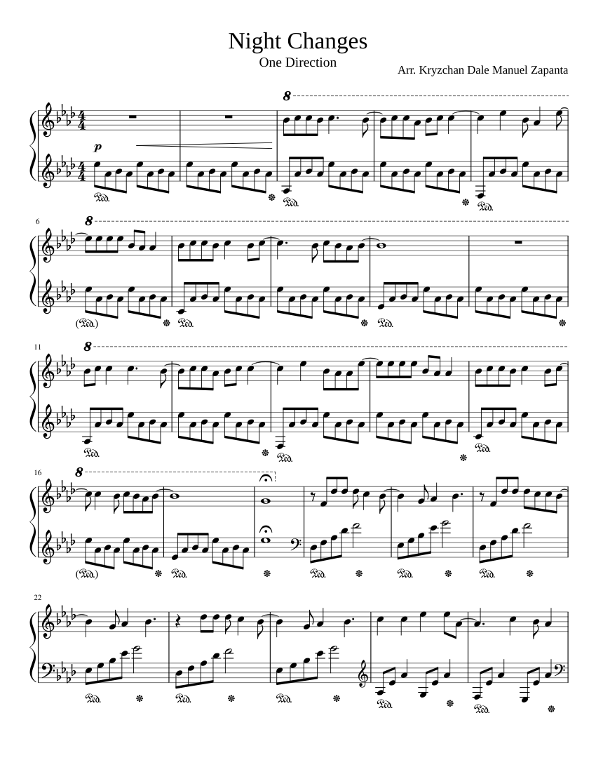 Night Changes (Piano Arr.) Sheet Music for Piano (Solo) easy ...