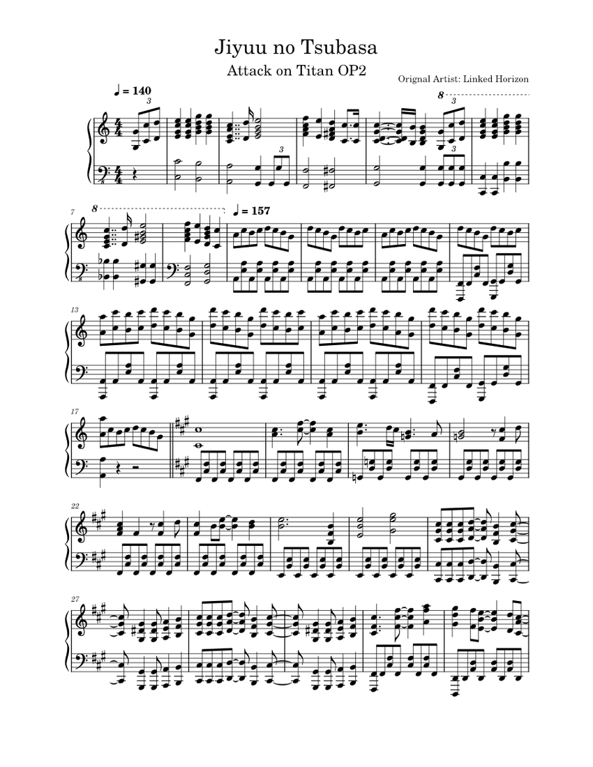Jiyuu no Tsubasa - Attack On Titan OP2 – Linked Horizon Sheet Music for ...