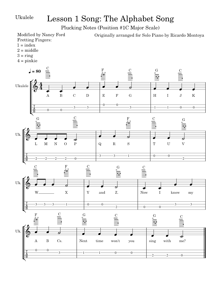 Lesson 1 Song: The Alphabet Song (for Ukulele) Sheet Music and Tab with ...