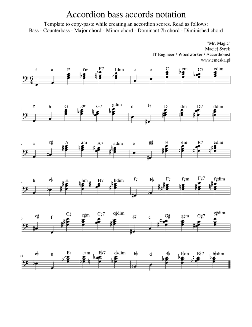 Accordion bass accords notation - template Sheet music for Accordion ...
