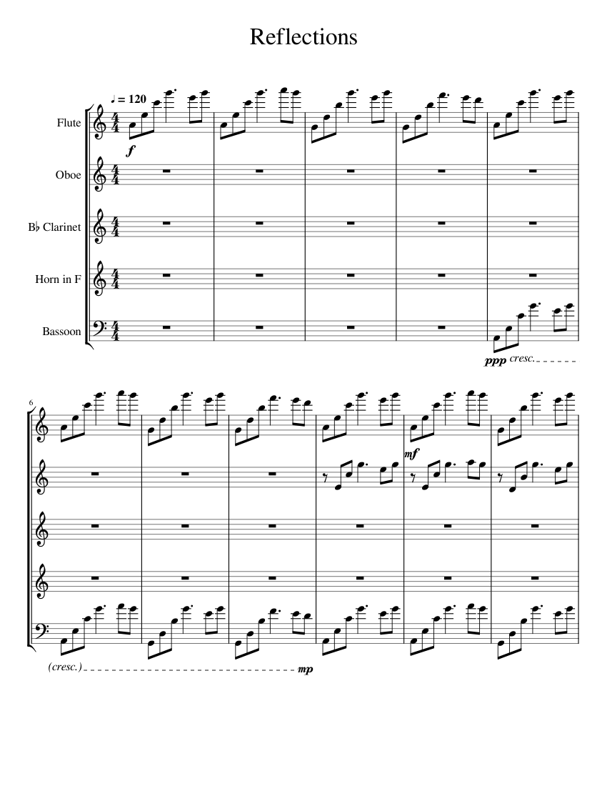 Reflections Sheet music for Flute, Oboe, Clarinet in b-flat, Bassoon ...