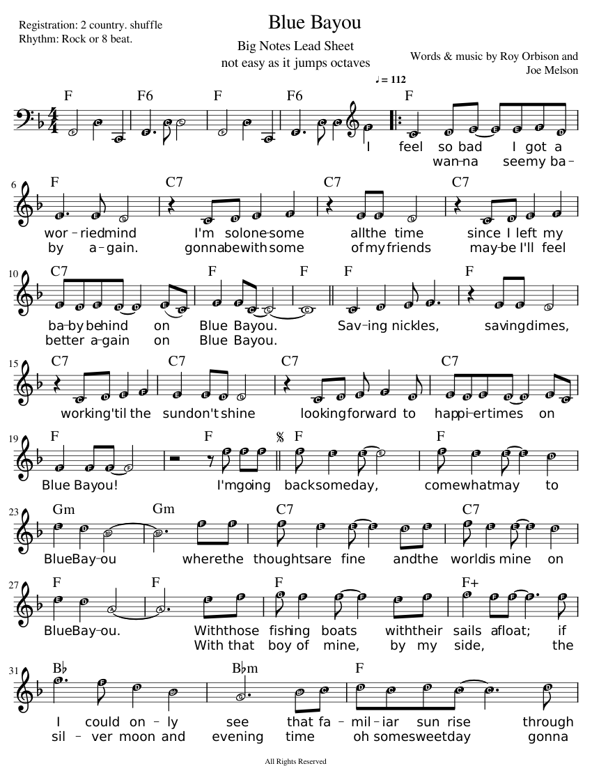 Blue Bayou by Roy Orbison and Joe Melson. Sheet music for Piano (Solo ...