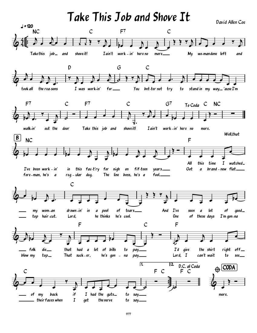Take This Job and Shove (Lead sheet with lyrics ) Sheet Music with ...