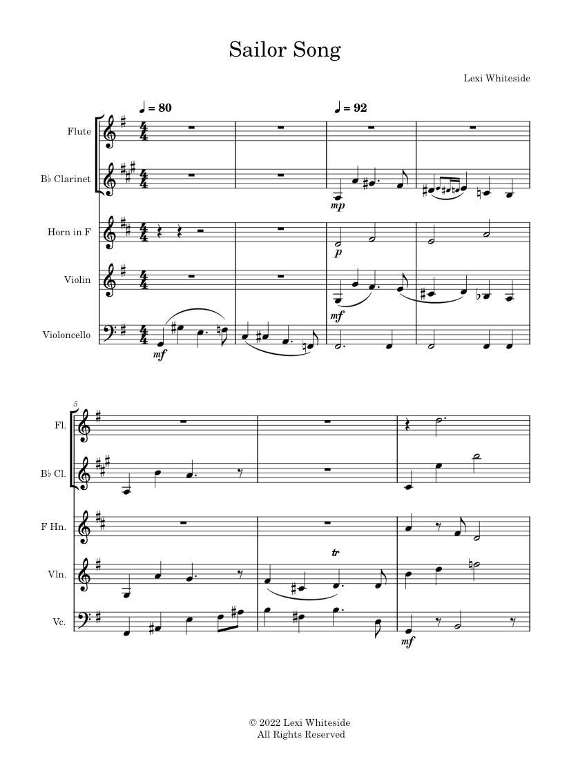 Sailor Song - Lexi Whiteside Sheet Music for Flute, Clarinet in b-flat ...