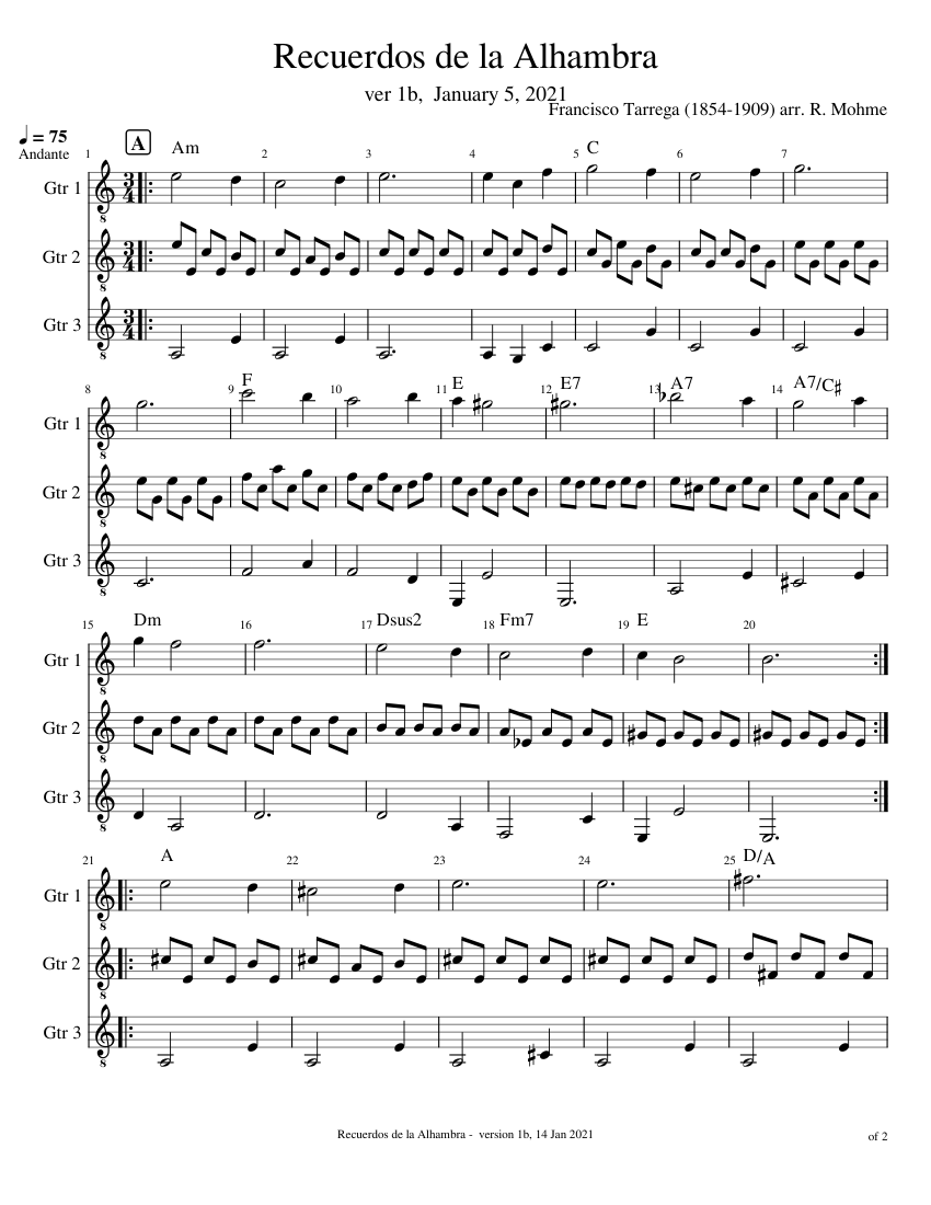 Recuerdos-de-la-Alhambra-1b Sheet music for Guitar (String Ensemble ...