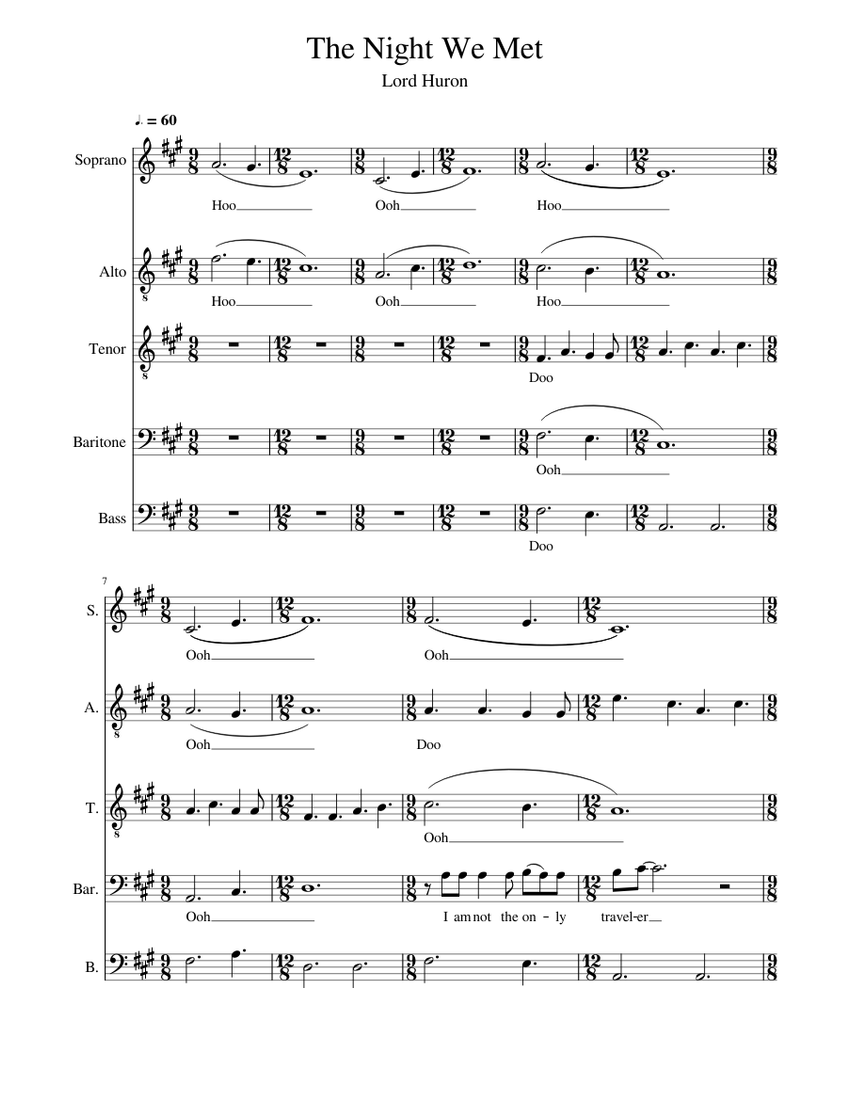 The Night We Met SATBB Sheet Music for Soprano, Alto, Tenor, Bass voice ...