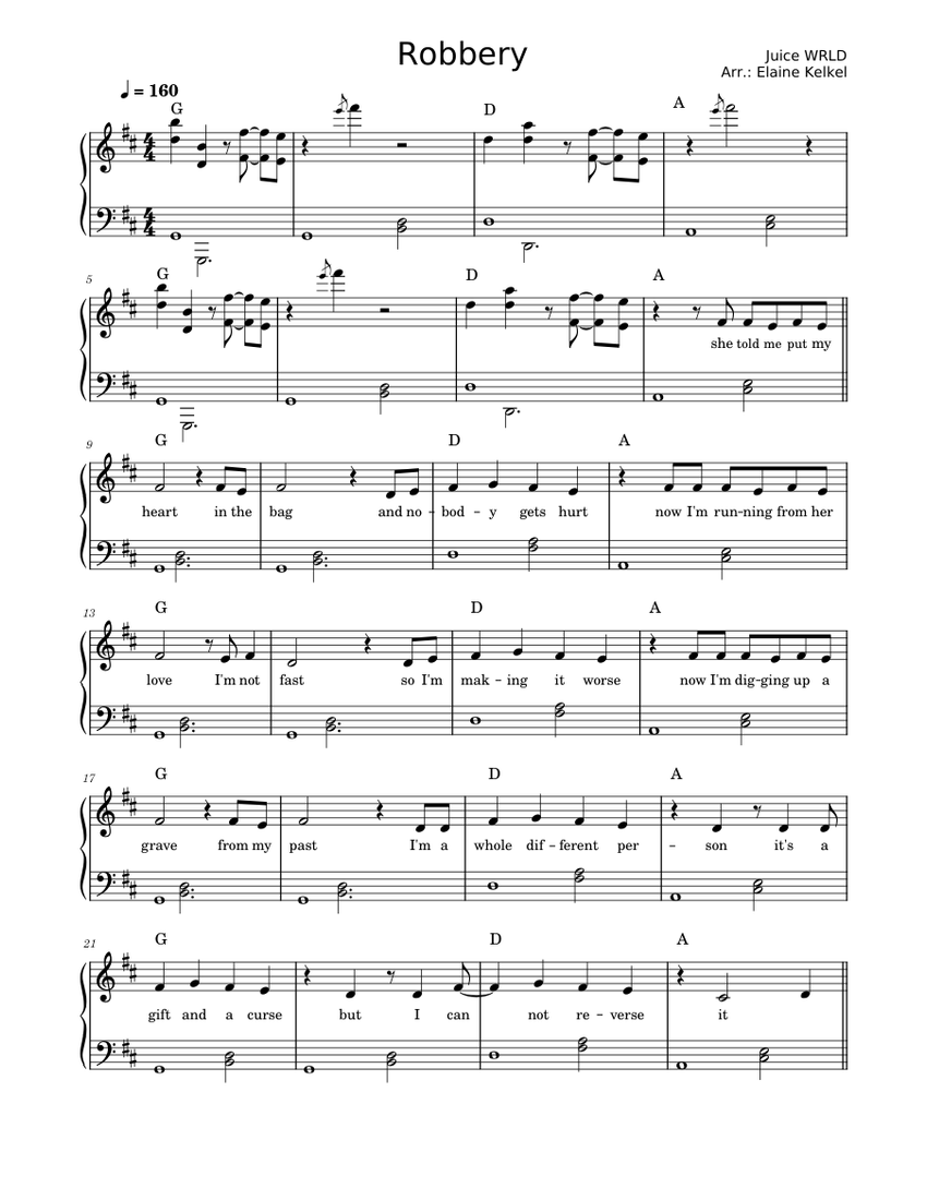 Juice WRLD - Robbery (easy piano) Sheet Music with Chords for Piano ...