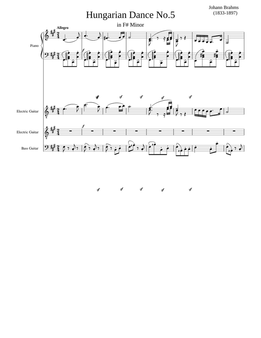 Hungarian Dance No.5 ARRANGE Sheet Music with Chords for Piano, Guitar ...