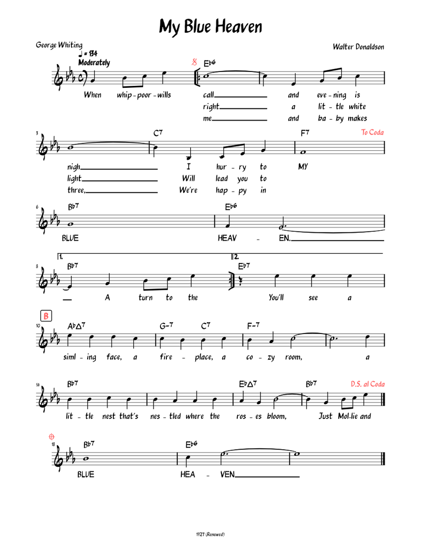 My Blue Heaven (Lead sheet with lyrics ) Sheet Music with Chords for ...