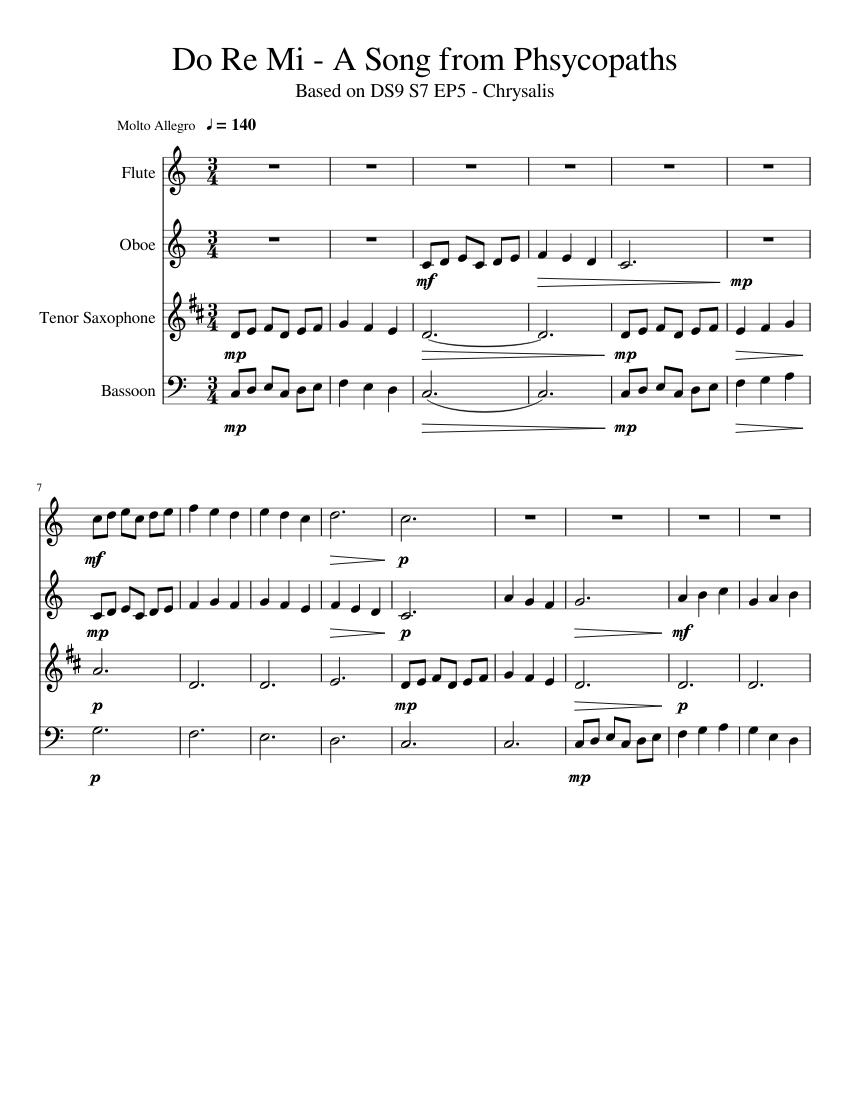 Do Re Mi A Song from Phsycopaths Sheet music for Flute, Oboe, Bassoon ...