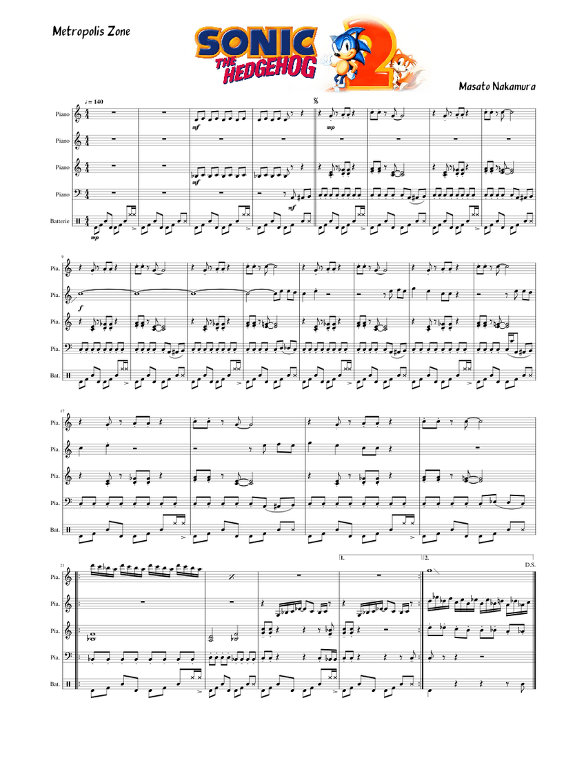 Sonic 2 - Metropolis Zone Sheet Music for Piano, Drum group (Mixed ...