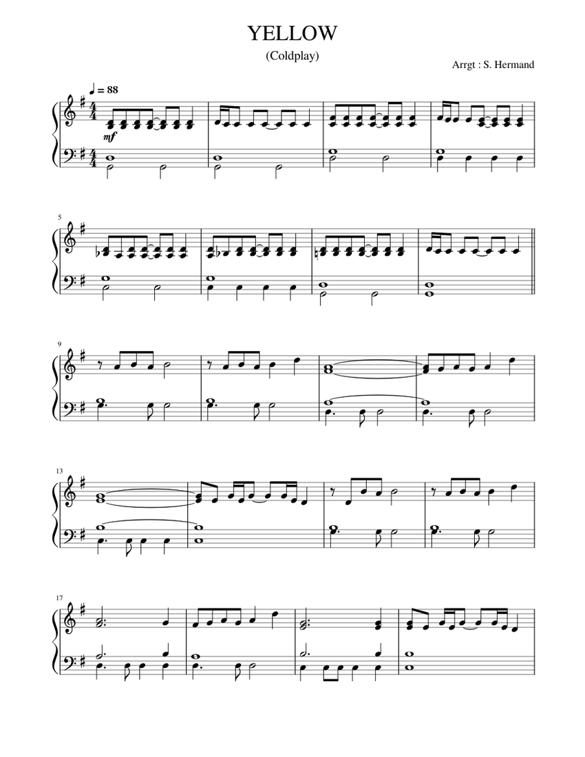 Yellow de Coldplay Sheet Music for Piano (Solo) Easy | MuseScore.com