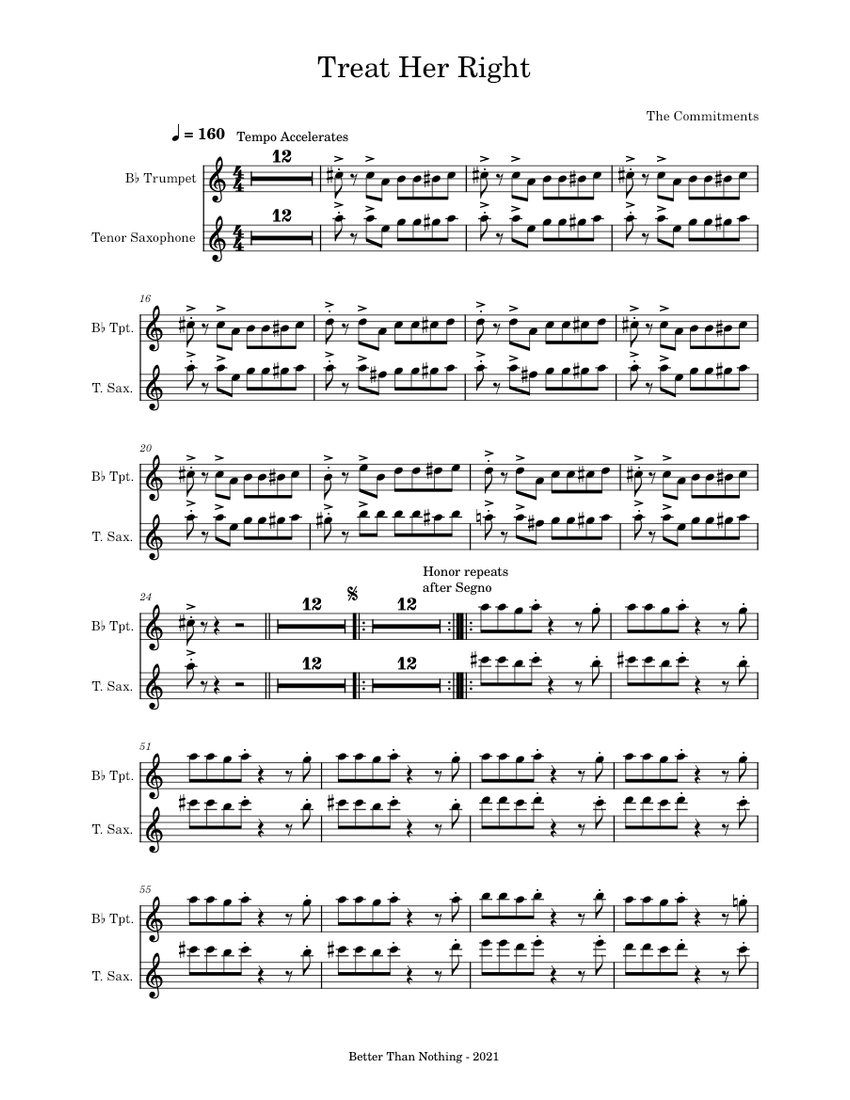 Treat Her Right – The Commitments Sheet Music for Saxophone tenor ...