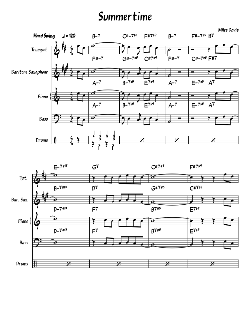 Summertime Sheet Music with Chords for Piano, Saxophone baritone ...