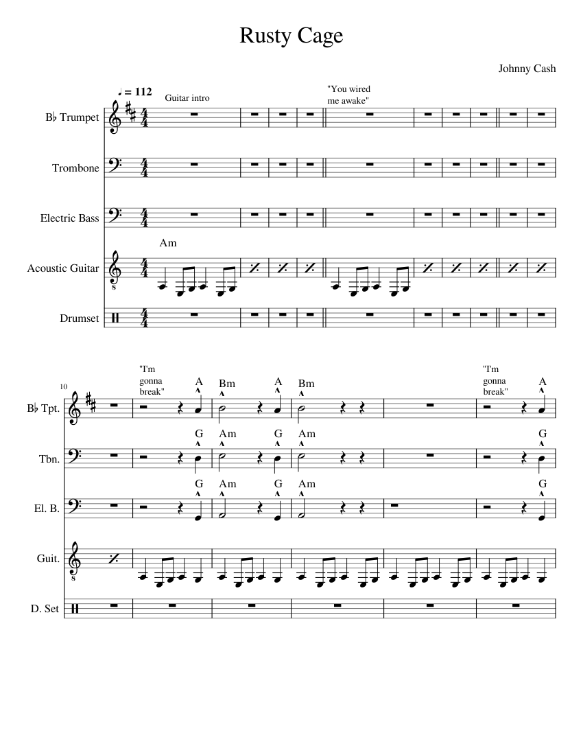Rusty Cage - Johnny Cash Am Sheet Music with Chords for Trombone ...