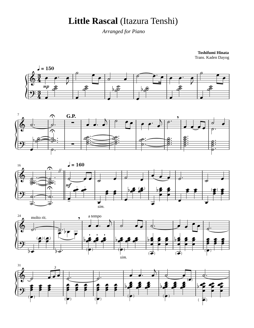 (See Desc.!) Little Rascal (いたずら 天使) - Toshifumi Hinata ~ Full Piano ...