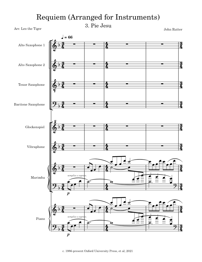 John Rutter, Requiem (Leo's Arrangement for Instruments): 3. Pie Jesu Sheet music for Piano ...