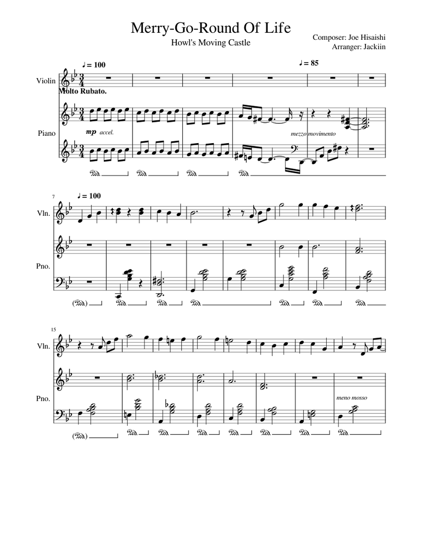 Merry-go-round of life Sheet Music for Piano, Violin (Mixed Duet ...