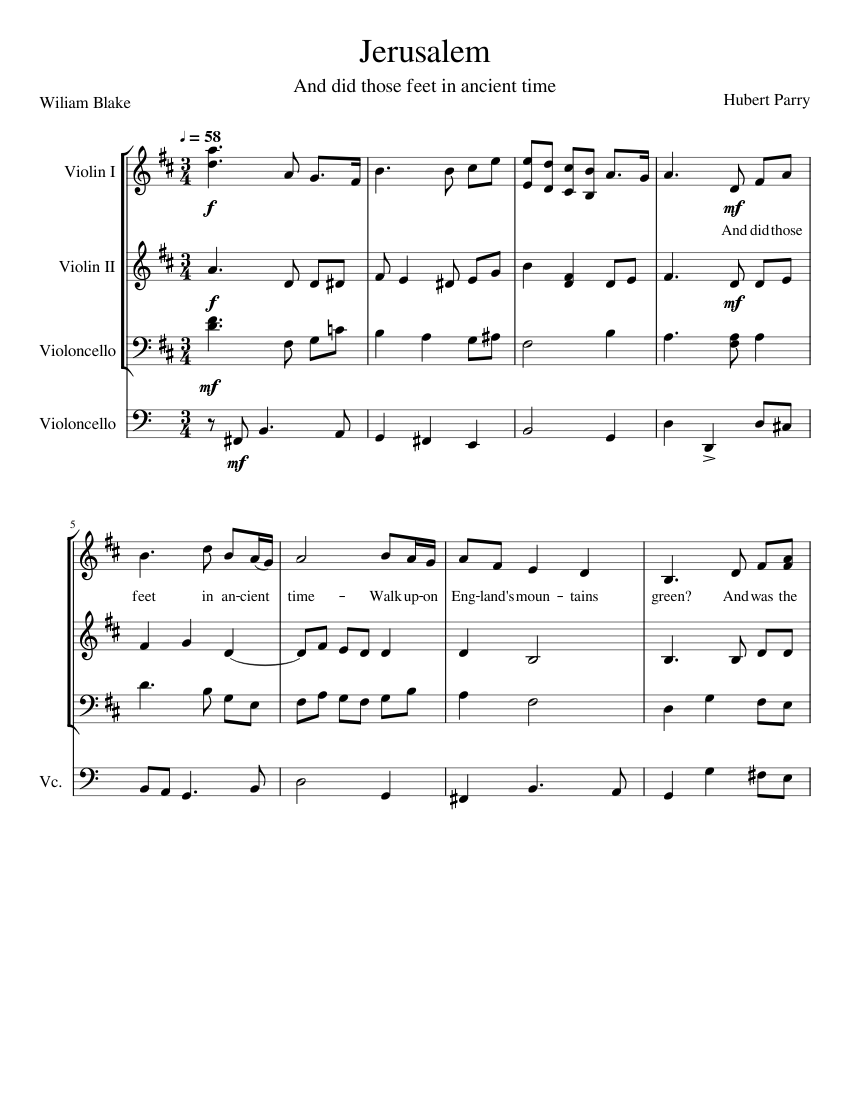 Jerusalem - Hubert Parry Sheet music for Violin, Cello (Choral ...
