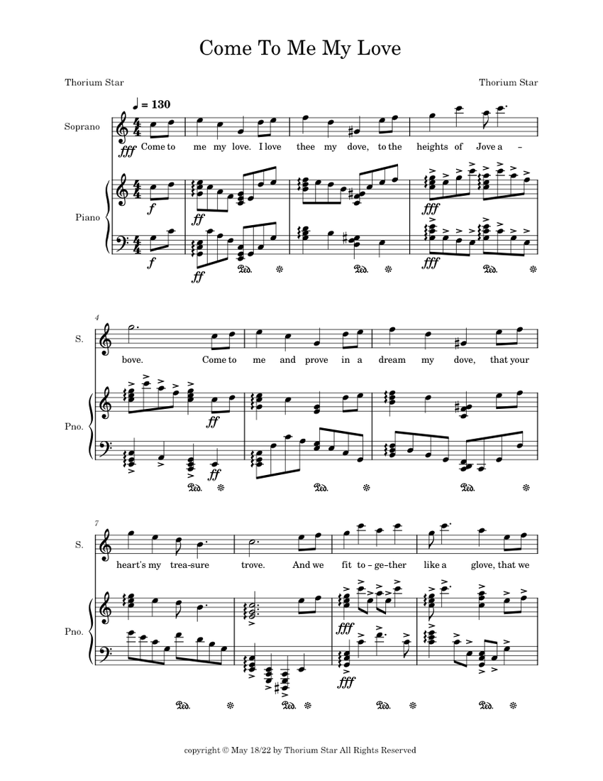 Come To Me My Love Sheet Music for Piano, Soprano (Piano-Voice ...