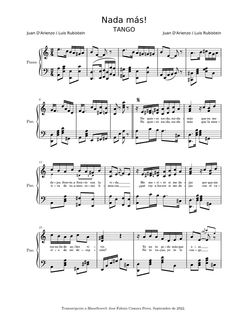Nada más! – Juan D'Arienzo / Luis Rubistein Sheet music for Piano ...