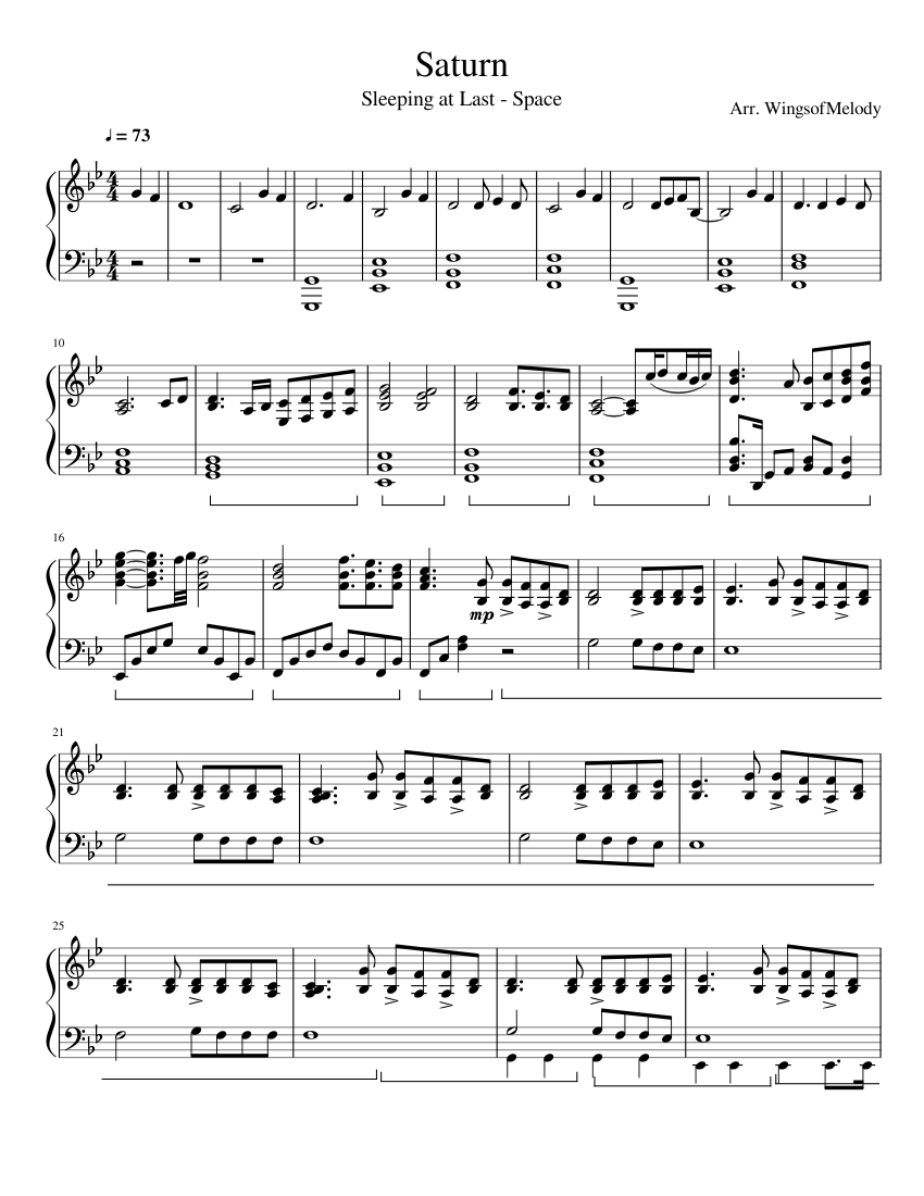 saturn - sleeping at last: space (piano arrangement) Sheet Music for ...