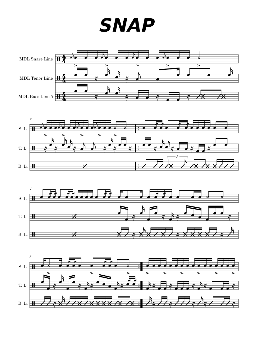 Snap Sheet music for Snare drum, Tenor drum, Bass drum (Percussion Trio ...