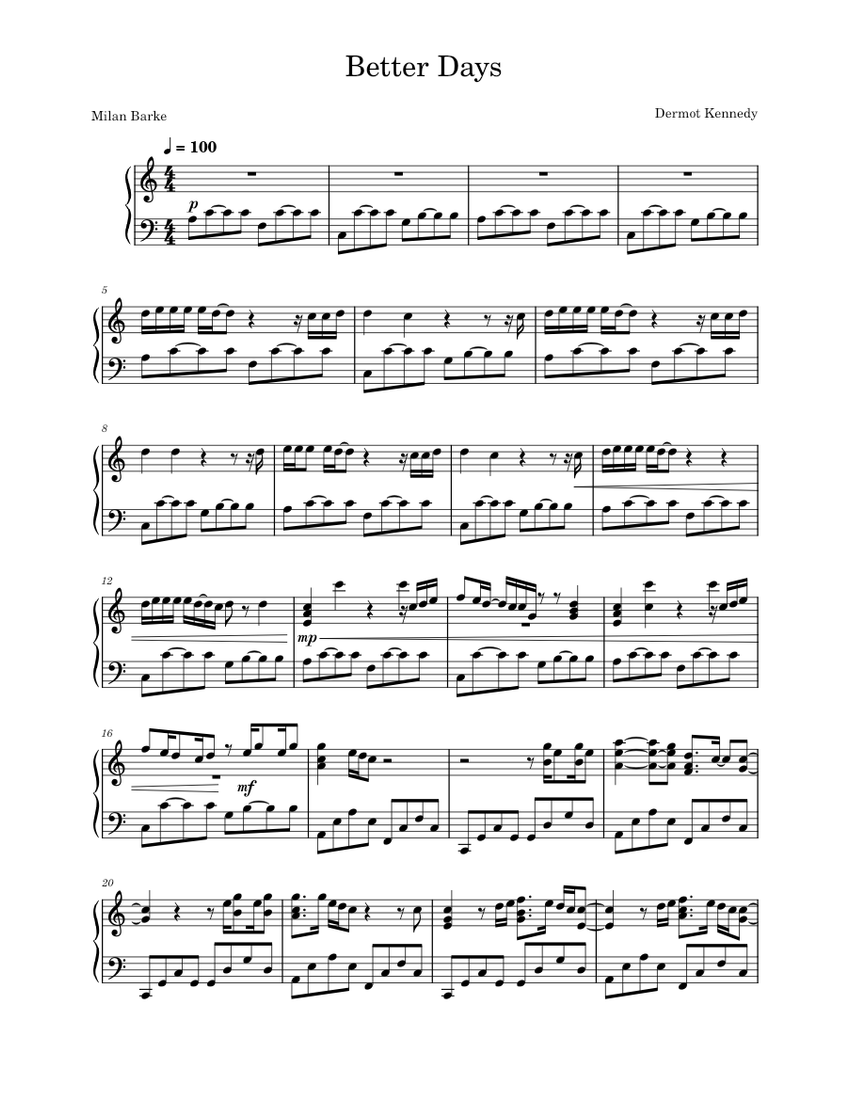 Better days – Dermot Kennedy Sheet Music for Piano (Solo) | MuseScore.com