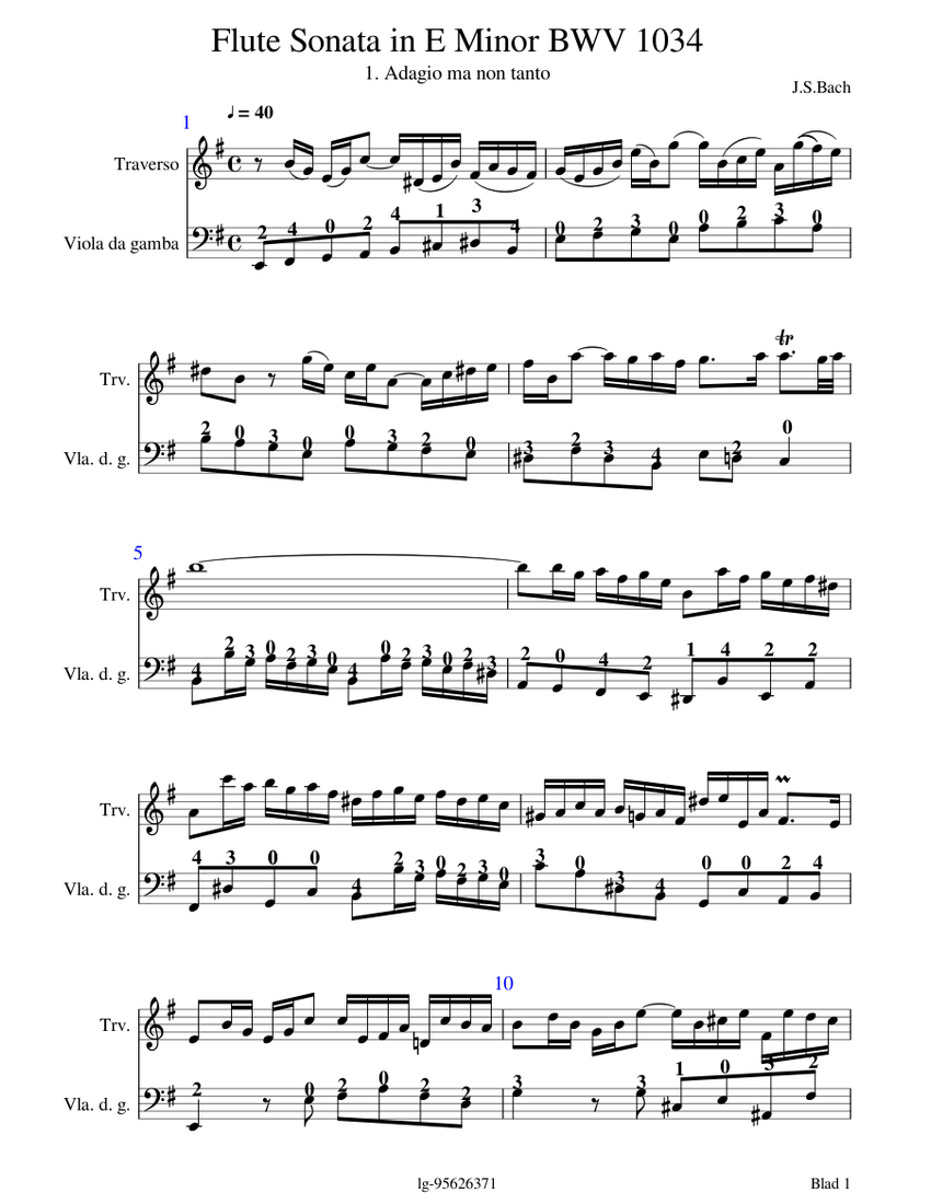 Bach Flute Sonata V in E Minor deel 1 BWV 1034 Sheet Music for Flute ...