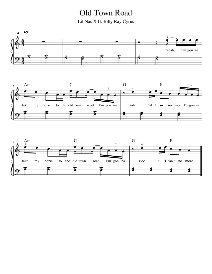 Lil Nas X - Old Town Road - Chorus - Easy Piano Sheet Music with Chords ...