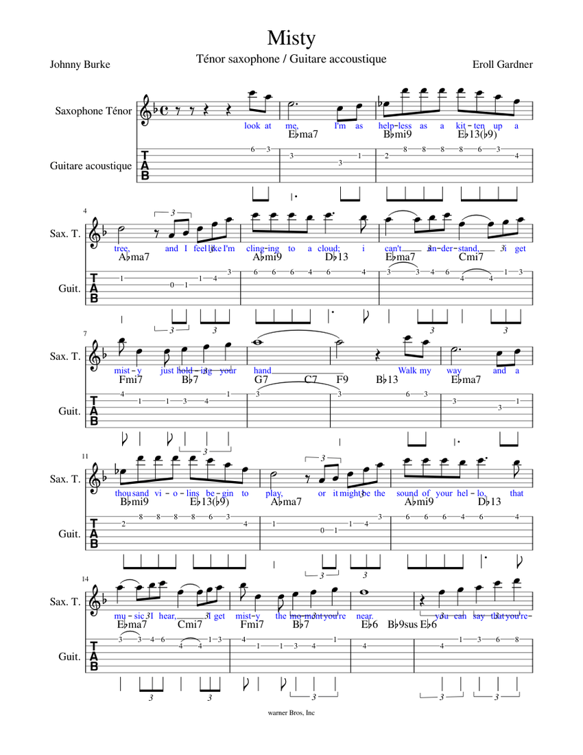 Misty pour sax Ténor et guitare "Tab" Sheet music for Saxophone tenor ...