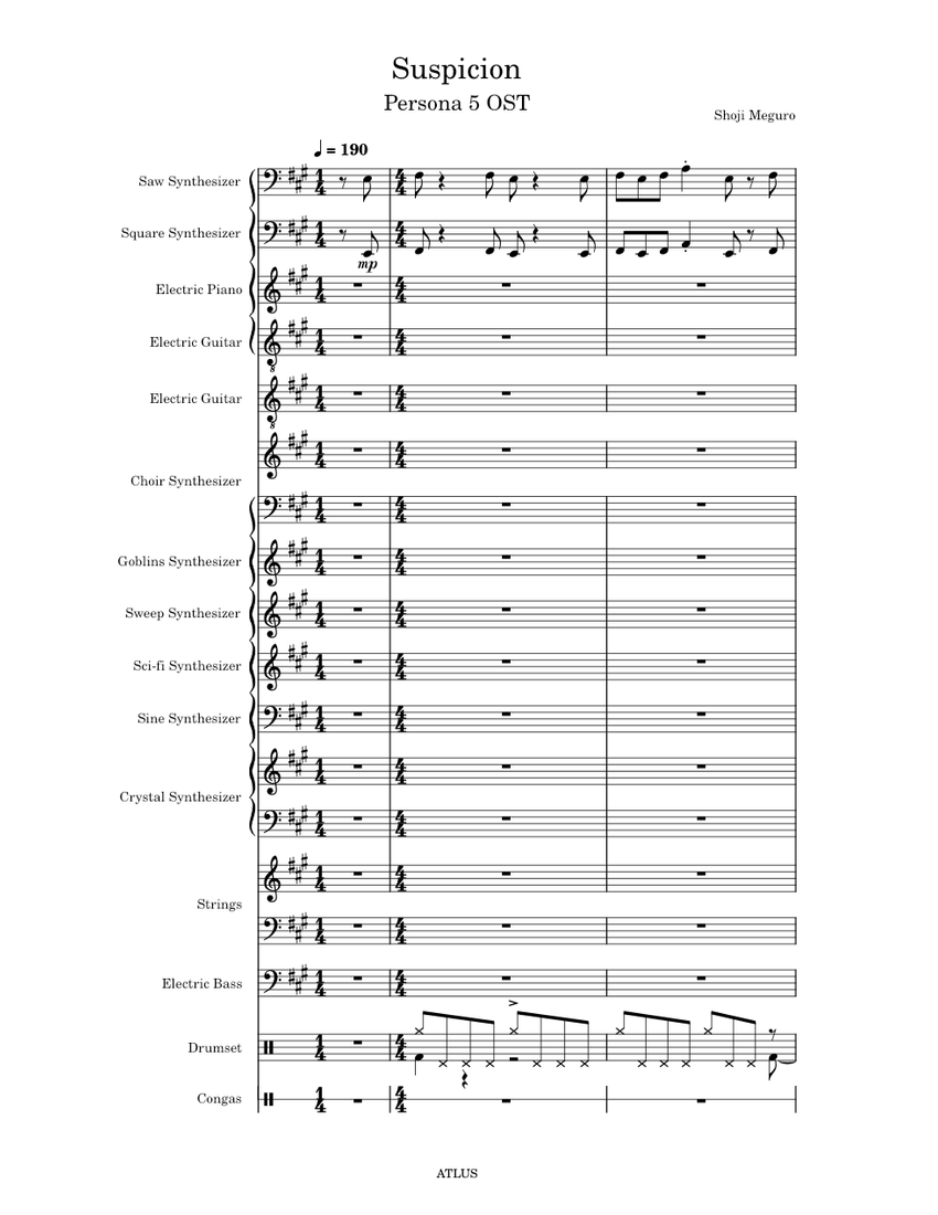 Suspicion Persona 5 OST Sheet Music for Piano, Guitar, Bass guitar ...