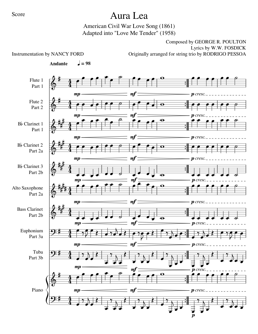 Aura Lea – George R. Poulton (for wind ensemble) Sheet music for Piano ...