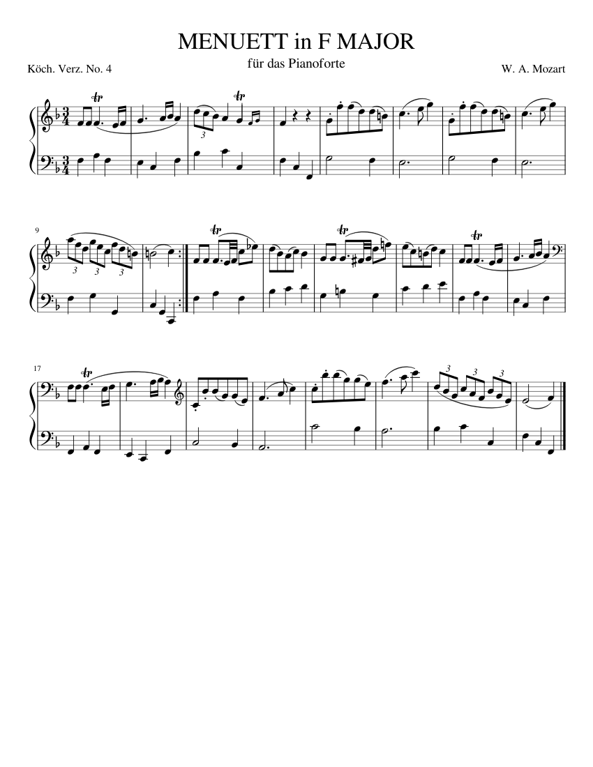 W. A. Mozart, Minuet in F Major, K4. Sheet Music for Piano (Solo) easy ...