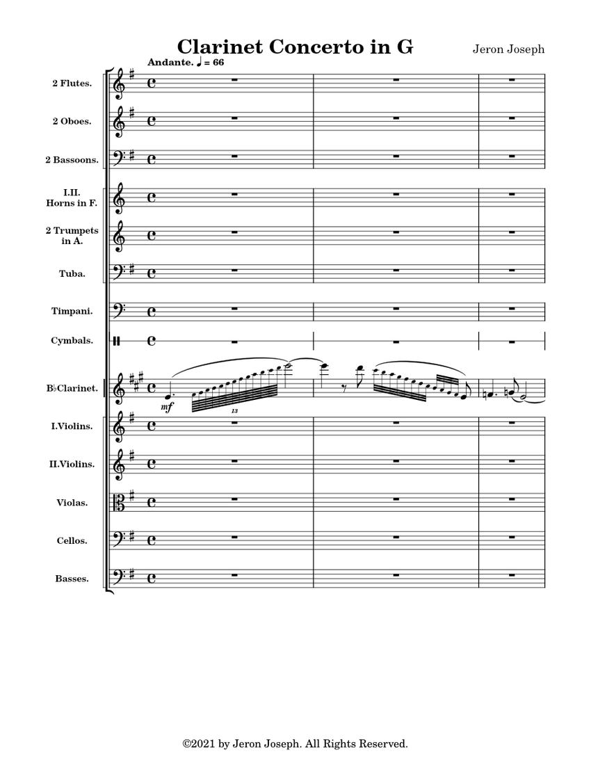 Short Original Clarinet Concerto in G Sheet music for Tuba, Flute, Oboe, Clarinet in b-flat ...