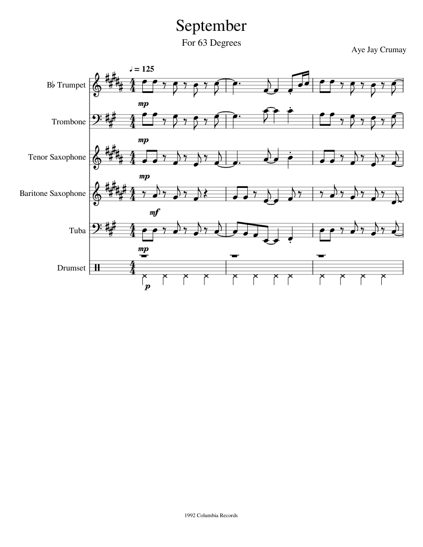 September Sheet Music for Trombone, Tuba, Saxophone tenor, Saxophone ...