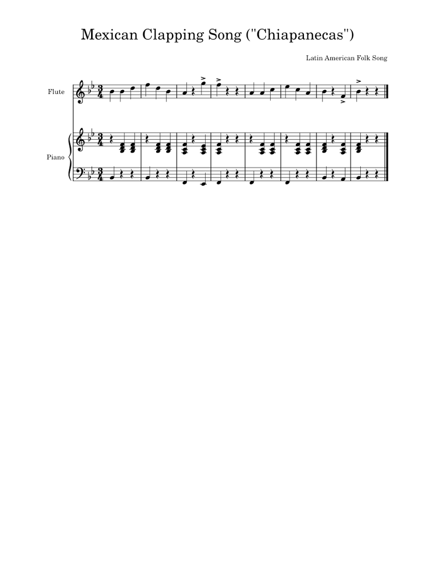 Mexican Clapping Song ("Chiapanecas") Sheet Music for Piano, Flute ...
