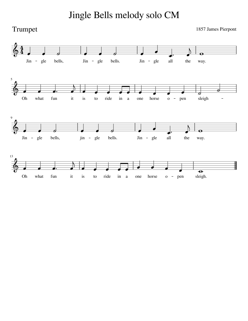 Jingle Bells Melody Solo CHORUS Trumpet Sheet Music for Piano (Solo ...