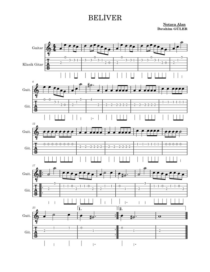 BELİEVER – Imagine Dragons BELİVER KOLAY (EASY VERSION) Sheet Music and ...